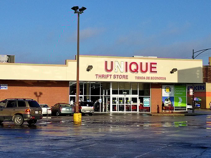 Unique by name, unique by nature! This Chicago thrift emporium beckons with its straightforward signage and the promise of unexpected treasures within.