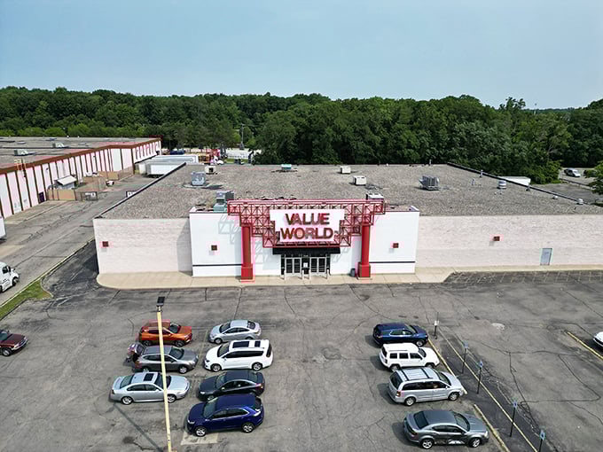 Value World stands proud against the sky, a fortress of frugality where bargain knights quest for second-hand glory.