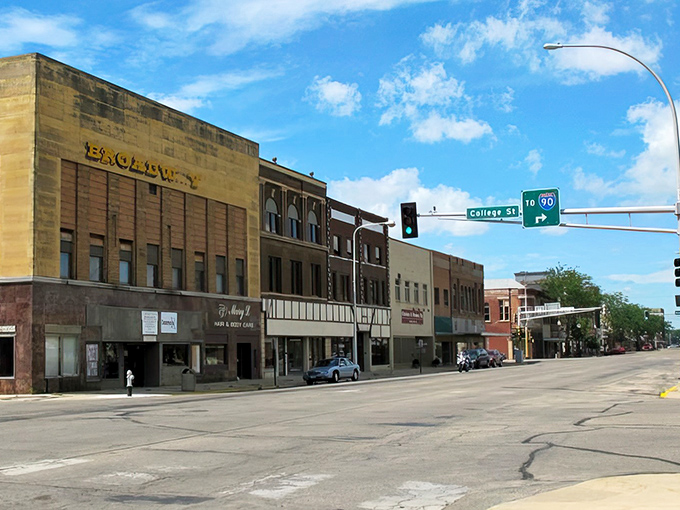 The sun catches Albert Lea's vintage storefronts just right, where the Broadway Theater marquee has welcomed moviegoers for generations.