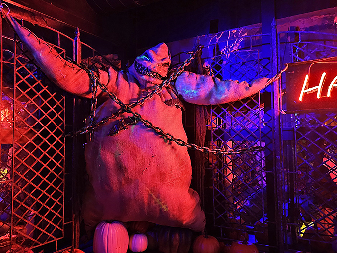 Beetle House: "It's showtime!" This nightmarish figure wrapped in chains sets the perfectly spooky mood for your Beetlejuice-inspired dining adventure.