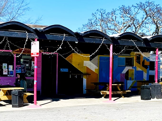 String lights and bright pink columns make this pizza joint pop like a slice of Blacksburg's most delicious street art.