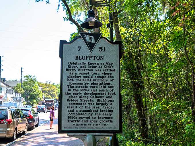 History lesson on a street corner! This Bluffton marker tells tales of planters escaping summer heat&mdash;the original "staycationers" of their time.