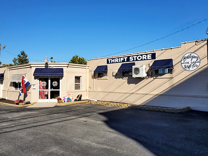 Sunshine illuminates Bridging the Gap's simple exterior &ndash; don't let the modest facade fool you, treasures await inside!