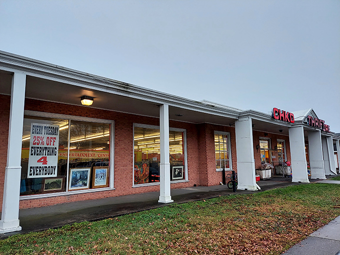 Tuesday's discount sign promises 25% off everything. In the thrift world, that's like finding money in an old jacket pocket!