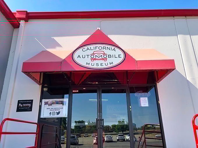 The California Automobile Museum's entrance promises automotive adventures inside. That red and white sign is like a starting flag for your journey through car history!