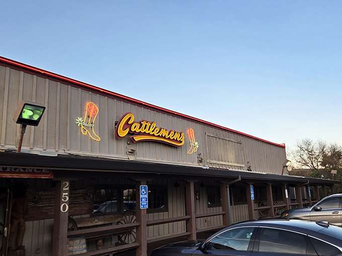 Those cowboy boot signs aren't just for show. Inside awaits the kind of steak that makes vegetarians question their life choices.