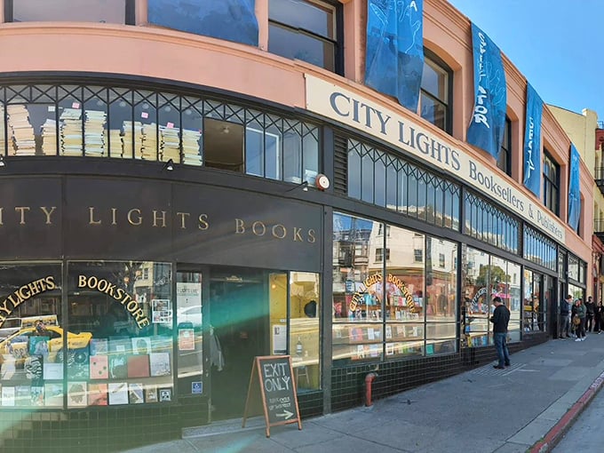 The historic storefront of City Lights beckons with promises of poetic revolution and literary discoveries around every corner.