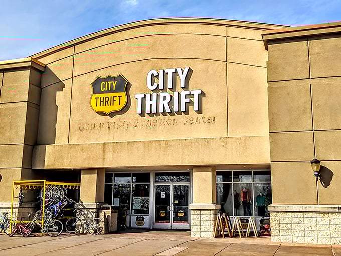 Sunshine gleams off City Thrift's sign, beckoning thrifters to the promised land of pre-loved treasures.