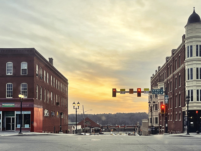 Sunset bathes Concord's historic downtown in golden light. Those brick buildings have witnessed centuries of New Hampshire history unfolding.