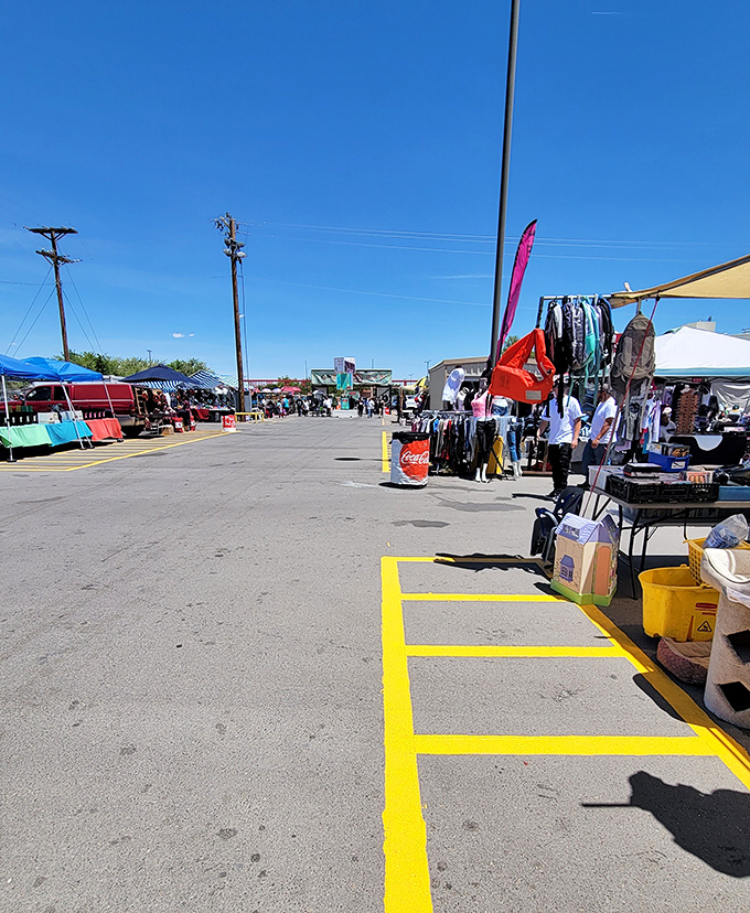 Shoppers browse outdoor stalls at Expo New Mexico, where one person's castoffs become another's prized discoveries.