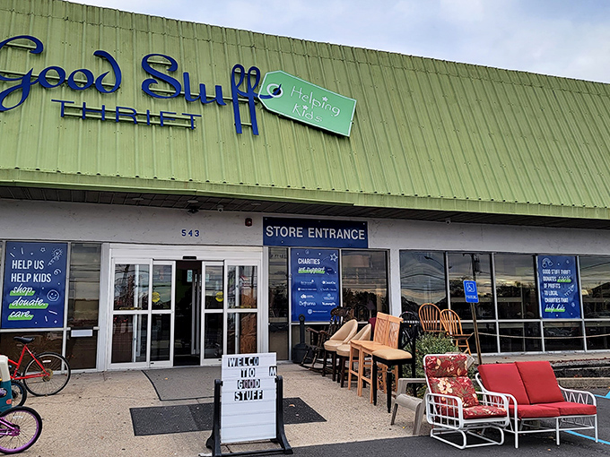 Outdoor furniture display says it all&mdash;this place is bursting with treasures. Even the sidewalk can't contain all the good stuff!