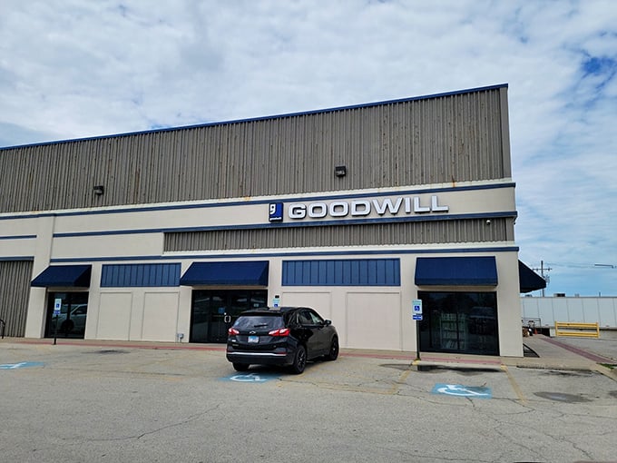 Blue awnings and clean lines make this Goodwill location look more like a boutique than a thrift store. Bargain hunting with style!