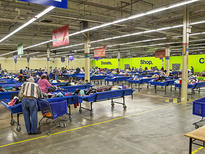 Blue bins as far as the eye can see! Goodwill's warehouse-sized space is a bargain hunter's dream come true.