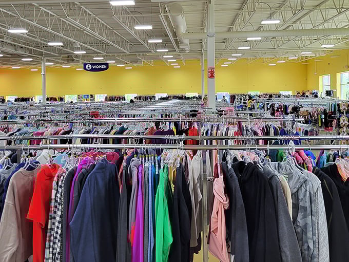 Rainbow-colored clothing racks stretch to the horizon at Goodwill. Like a fashion forest waiting to be explored!