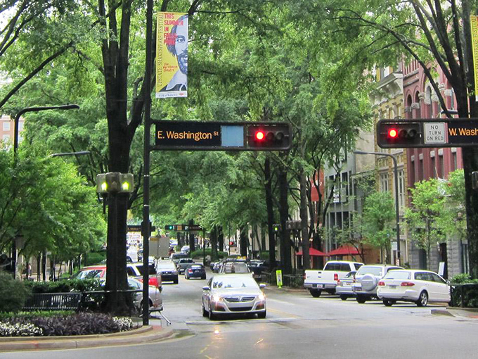 Washington Street's canopy of trees creates nature's air conditioning in downtown Greenville. Your retirement dollars cool off nicely here!
