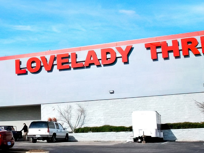 Lovelady's striking signage stands out against the blue sky, like a cardinal announcing spring's arrival to bargain hunters.