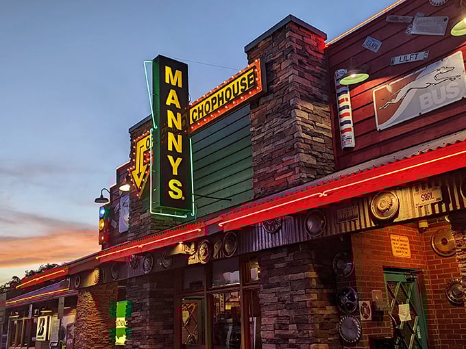 Manny's glows like Vegas for meat lovers. This is where steaks and nostalgia come together for an unforgettable evening.