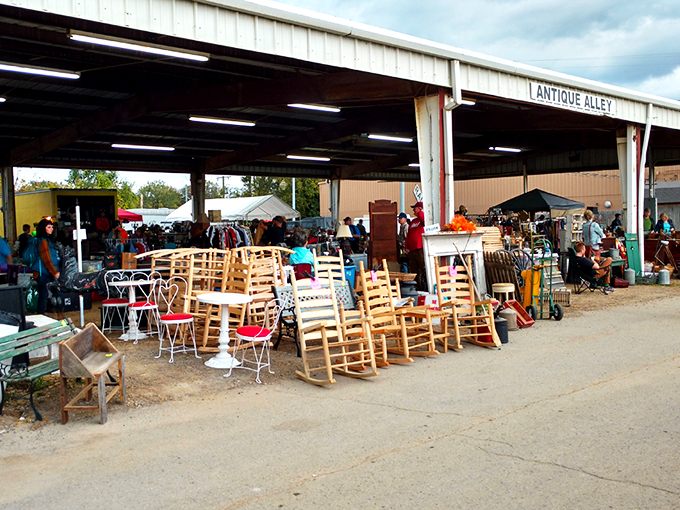 The "Antique Alley" at Nashville Flea Market - where every wooden rocking chair has witnessed more history than most history books.