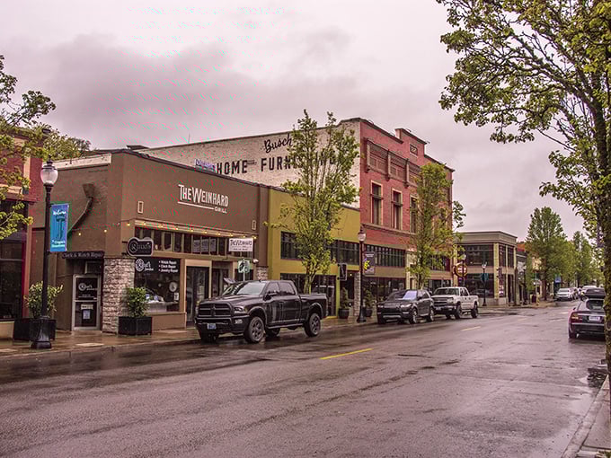 Main Street magic in Oregon City, where colorful storefronts welcome you without emptying your wallet. Those retirement dollars stretch further here!