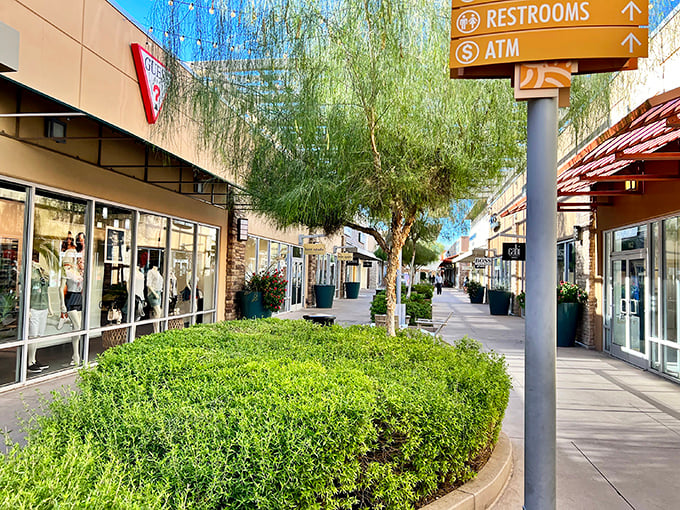 Strolling these shaded walkways feels like discovering a secret garden of discounts, where retail therapy comes with a side of desert breeze.