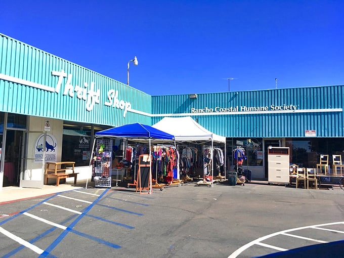 Outdoor racks under the California sun&mdash;where beach town bargains and good karma collide beautifully.