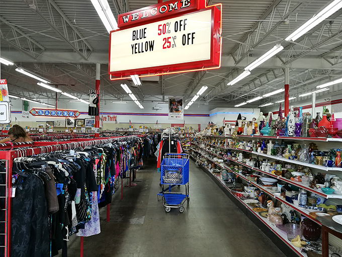 Inside, colorful tags create a rainbow of savings that would make any budget-conscious shopper smile with pure joy.