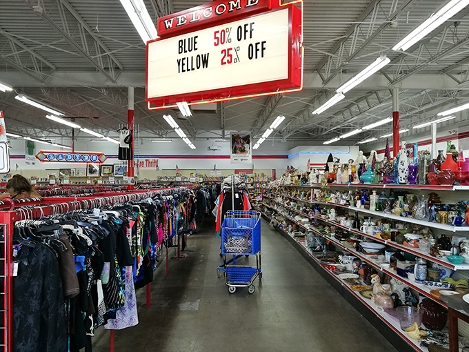 Color-coded discounts guide shoppers through Red Racks' aisles. Blue tags at 50% off? That's better than winning the lottery!