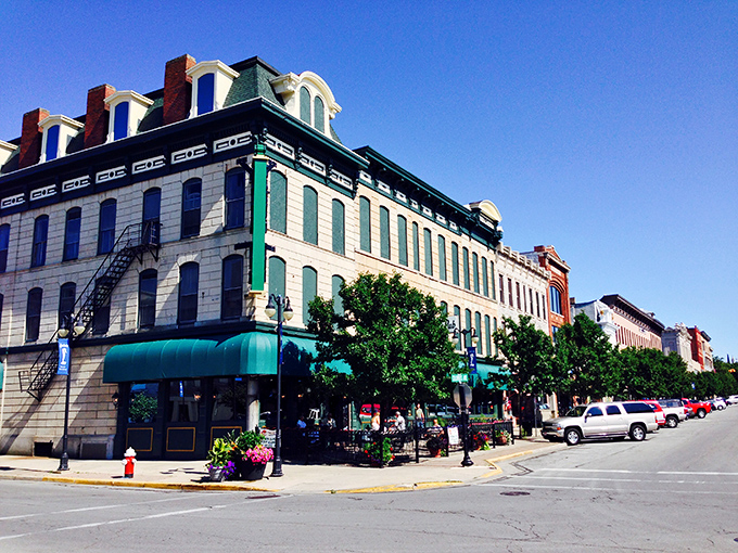 Sandusky's beautifully preserved Victorian commercial buildings stand as testaments to the city's prosperous past, their ornate facades catching the midday sun.