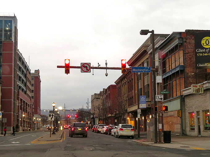 Downtown Scranton at dusk, where the traffic lights create a festive light show against the historic backdrop. Dunder Mifflin may be fictional, but this city's character is wonderfully real.