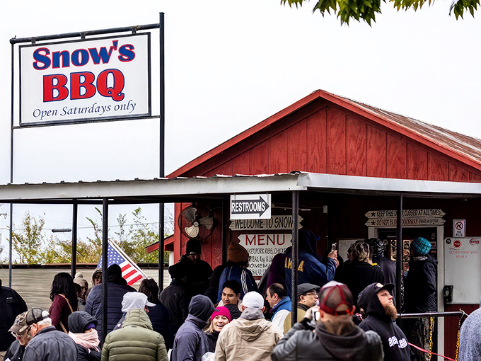 The line forms early at Snow's, where weekend warriors gather for what might be Texas' most celebrated barbecue.