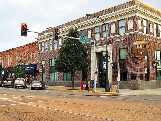 The National Bank building anchors Sycamore's downtown like a dignified elder statesman, watching over generations of local commerce and community.