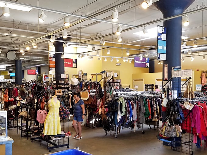 Inside Goodwill, the organized chaos feels like a department store designed by treasure hunters. Every aisle tells a different story.