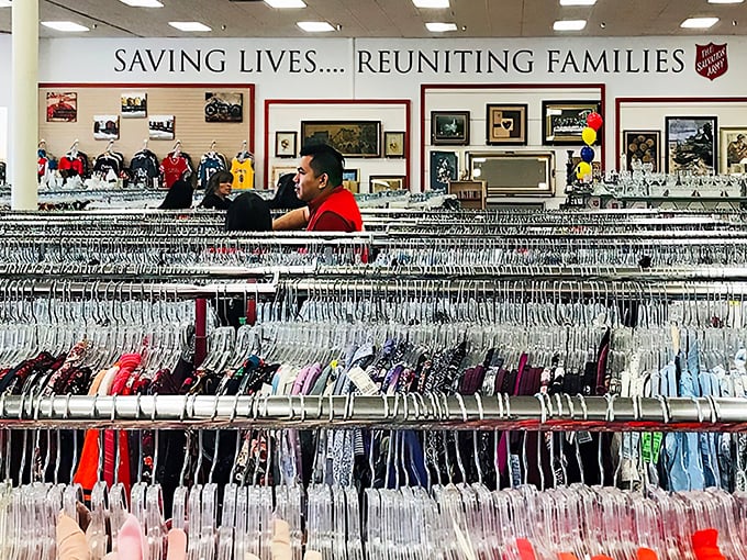 Rows upon rows of neatly organized clothing await. Like a library of fashion where every "book" costs less than lunch!