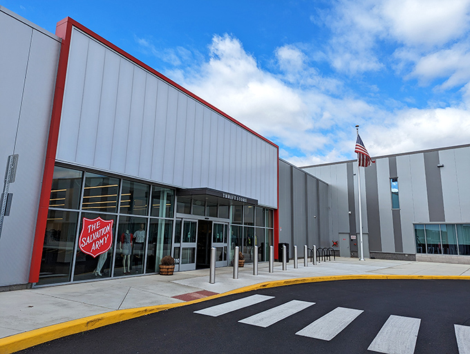 The Salvation Army's welcoming exterior whispers promises of vintage finds and unexpected household heroes within. 