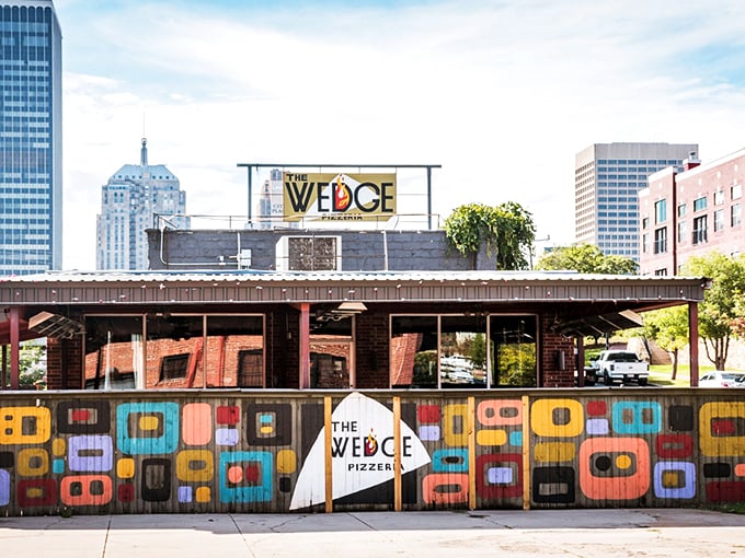 Colorful retro patterns dance across The Wedge's exterior. This isn't just a pizza place&mdash;it's a downtown landmark with serious pizza cred.