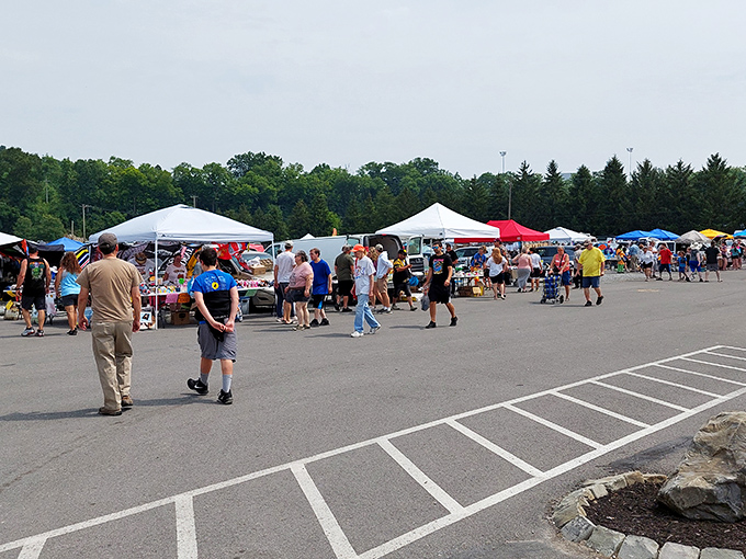 Where one person's extras become another's essentials. Trader Jack's colorful tents and tables create a patchwork of possibilities.