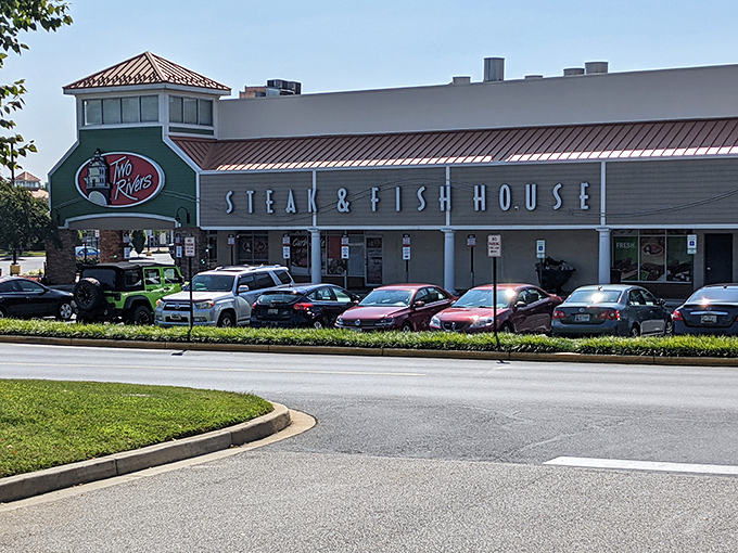 Rain or shine, Two Rivers' welcoming exterior hints at the surf-and-turf treasures hiding just beyond those doors.