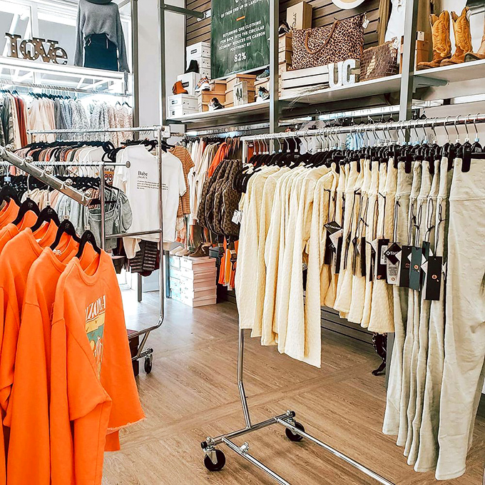 Not your grandmother's hand-me-downs! Neatly arranged racks showcase carefully curated fashion finds that look straight from a boutique window.