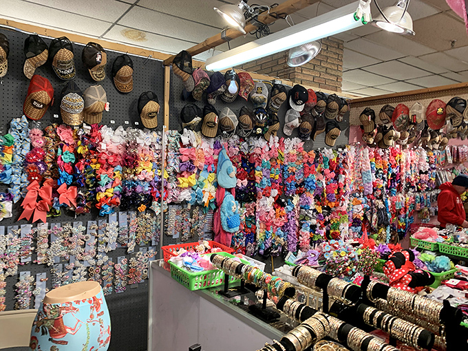 A rainbow explosion of hair accessories and caps. This booth answers the eternal question: "Can you ever really have too many scrunchies?" (Spoiler: no.)