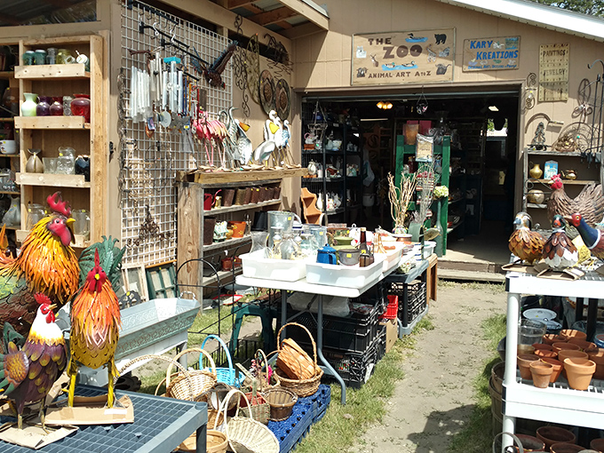 Not your average farmyard friends! These colorful metal roosters stand guard outside "The Zoo," where home d&eacute;cor meets whimsy in the most delightful way.