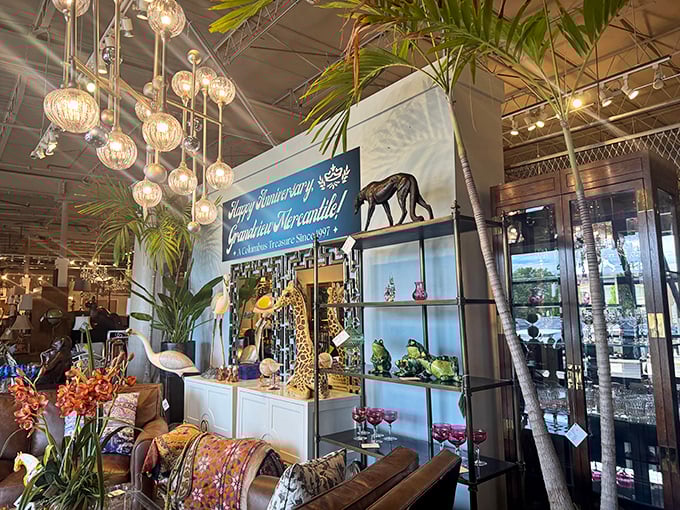 Tropical vibes meet elegant decor in this corner where pendant lights float like bubbles and that panther is definitely judging your outfit.