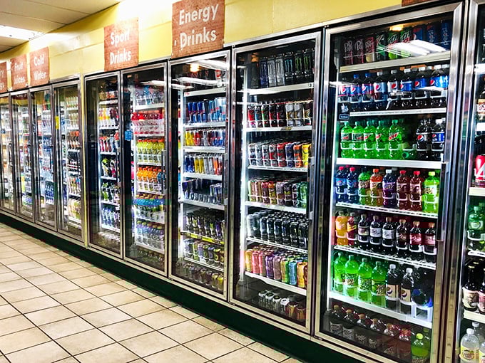 The wall of liquid refreshment stands ready to quench thirsts after intense candy shopping &ndash; a marathon sport deserving its own hydration strategy.