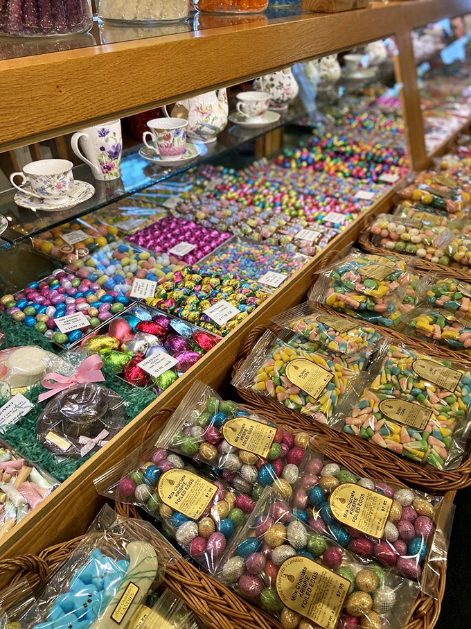 A rainbow explosion of sugary treasures that would make Willy Wonka himself stop and take notes on proper candy display techniques.
