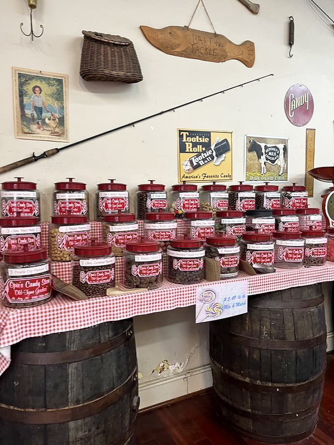 Candy democracy in action&mdash;each jar gets one vote in your personal sugar election. The wooden barrels add rustic charm that would make Andy Taylor proud.