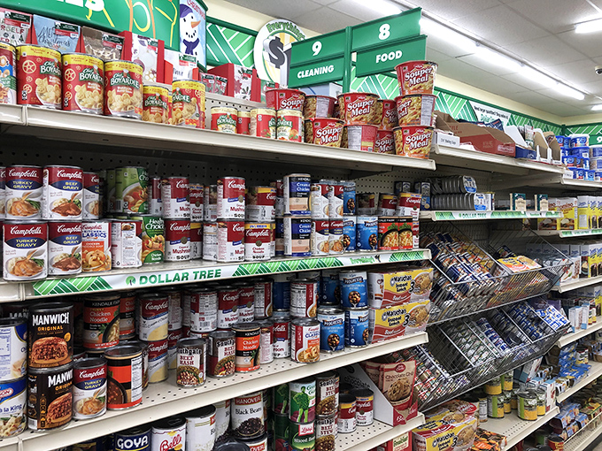 Campbell's, Manwich, and Goya stand shoulder to shoulder in this democratic display of pantry staples. Comfort food doesn't discriminate by price point here.