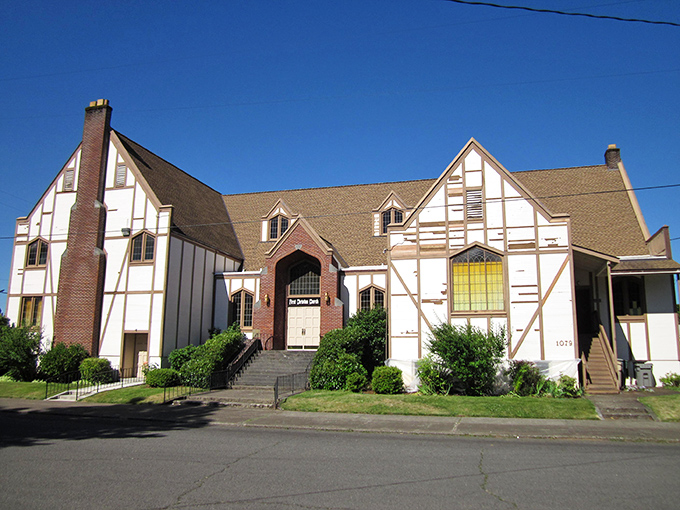 This Tudor-style building adds architectural diversity to Dallas's streetscape, proving small towns can have big character.