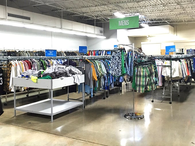 The men's clothing section: where yesterday's fashion finds tomorrow's enthusiast. One person's castoff blazer becomes another's vintage statement piece.