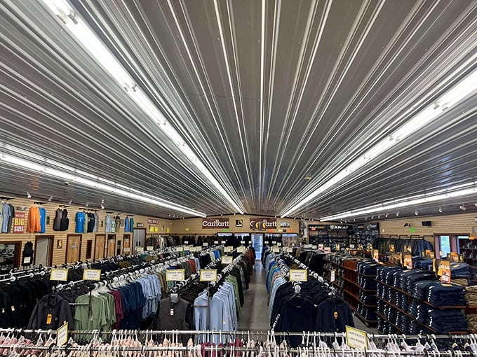 Not just vintage finds here&mdash;the indoor section offers brand-new apparel with that distinctive metal ceiling creating a cathedral of casual fashion.