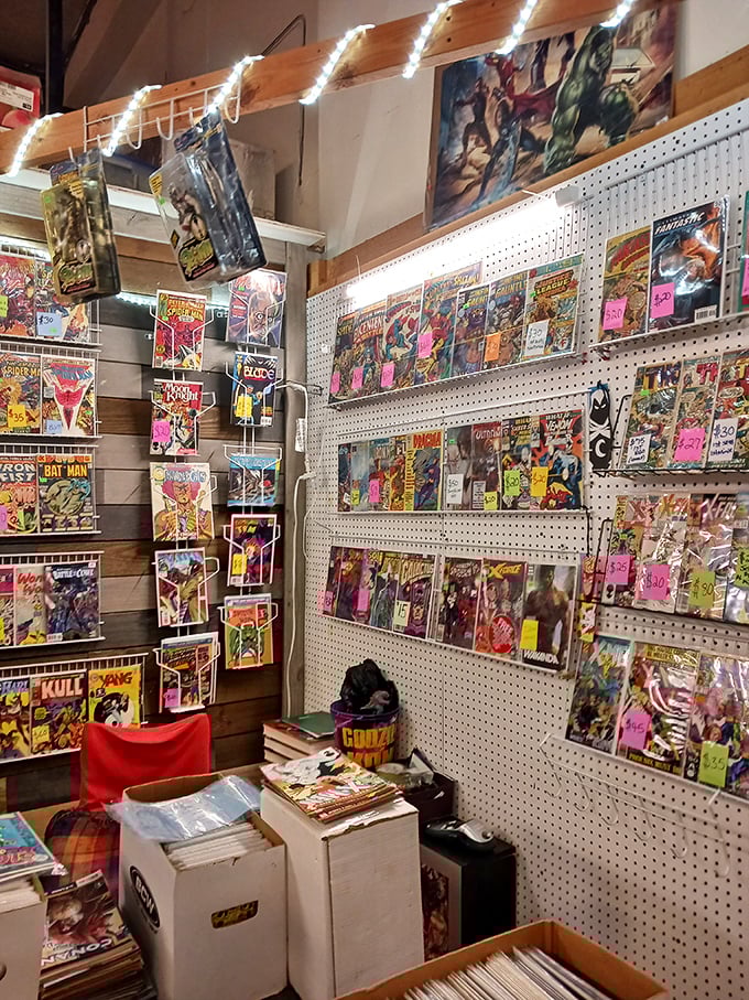 Comic book heaven where Batman, Superman, and childhood nostalgia live on glossy pages. Serious collectors and casual fans unite in this paper paradise.