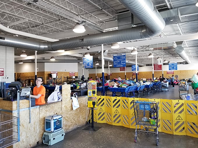 Inside awaits the organized chaos of bargain hunting&mdash;exposed ductwork above and treasure-filled bins below create the perfect backdrop for retail archaeology.